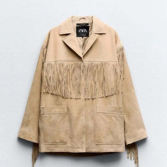Zara | Jackets & Coats | Zara Sand Fringed Leather Jacket | Poshmark